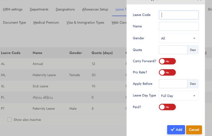 Leave Types Setup and Management in HRM - TamilAccounting
